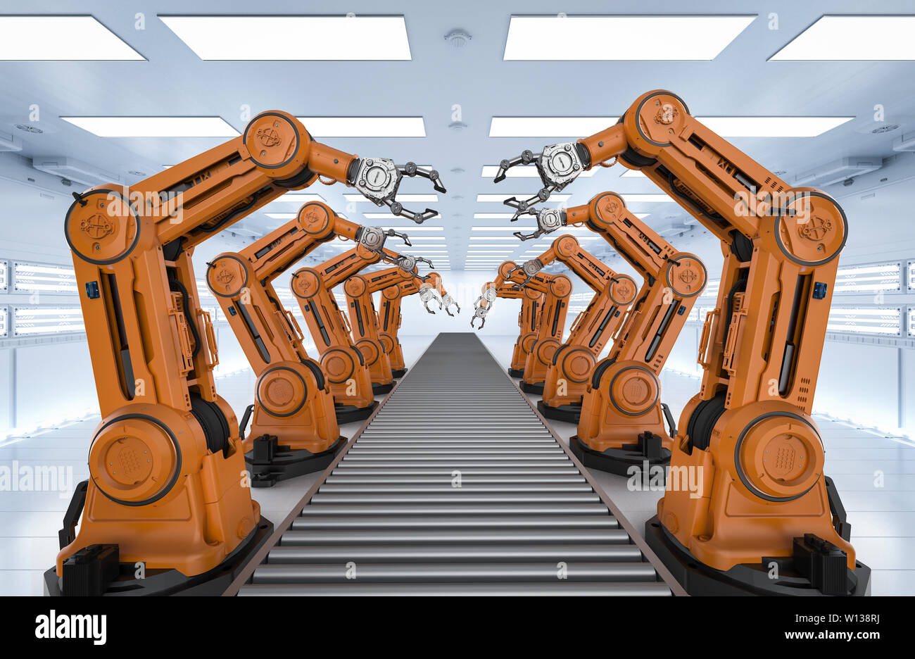 Automation industry concept with 3d rendering robot assembly line in factory Stock Photo - Alamy