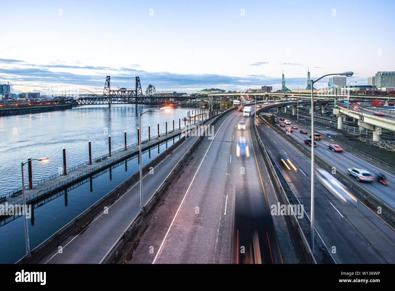traffic on road and cityscape and skyline of portland Stock Photo - Alamy