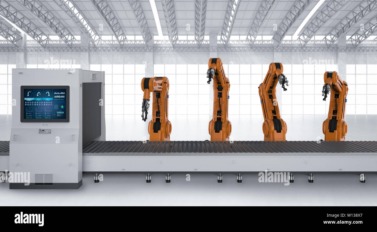 Automation industry concept with 3d rendering robot assembly line in ...