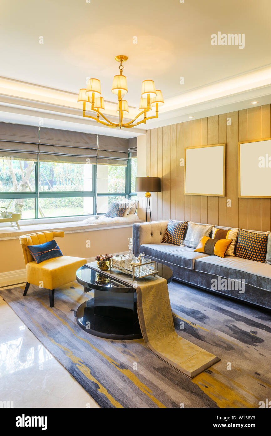 interior of living room with big window and beautiful couch Stock Photo ...