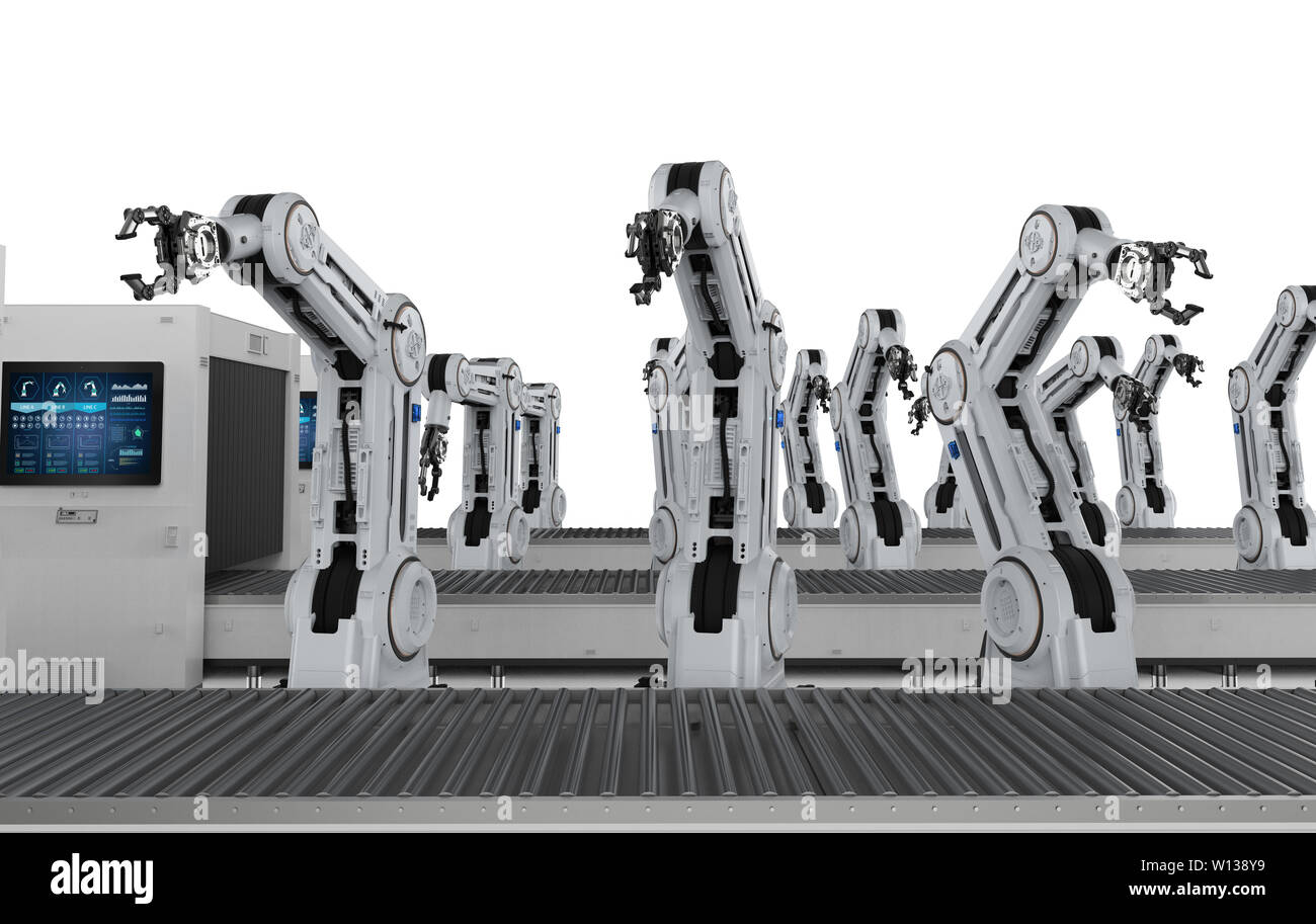 Automation industry concept with 3d rendering robot assembly line in ...