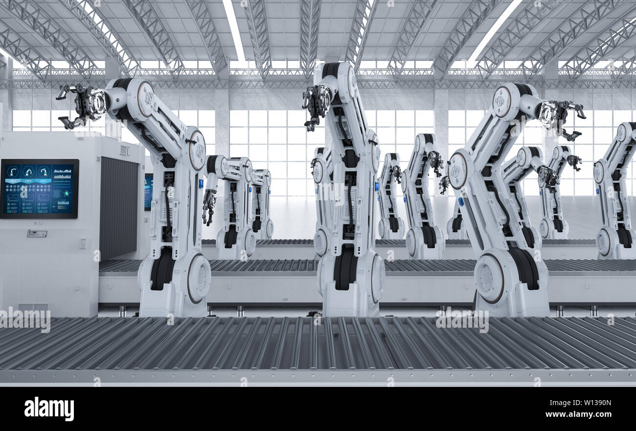 Automation industry concept with 3d rendering robot assembly line in ...