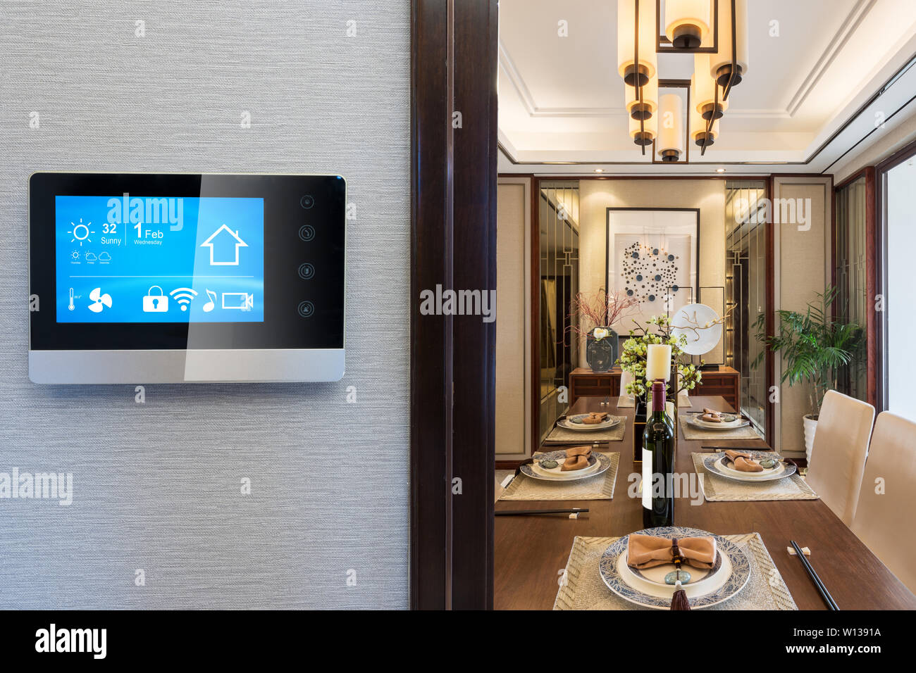 smart screen with smart home with modern dining room Stock Photo - Alamy