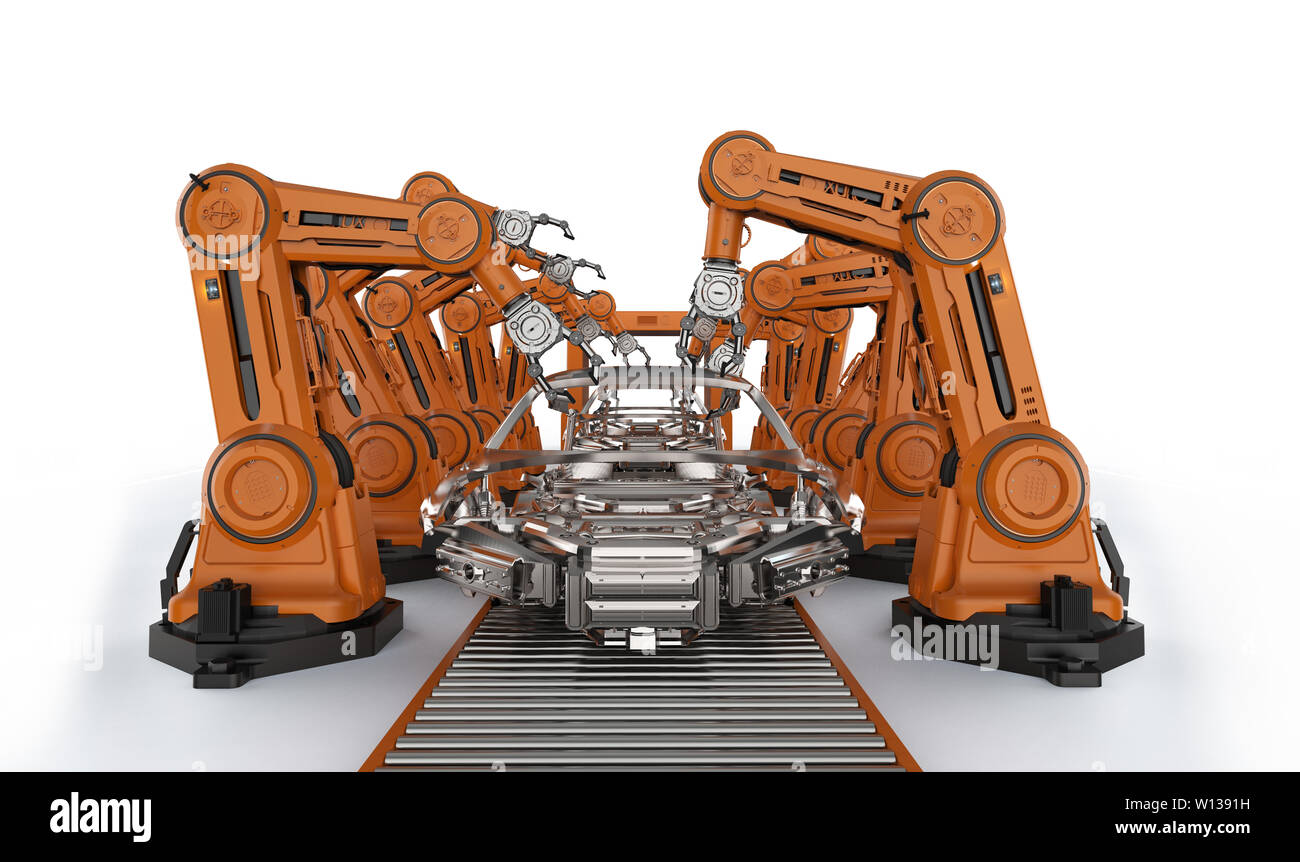 Automation Aumobile Factory Concept With 3d Rendering Robot Assembly Line In Car Factory Stock
