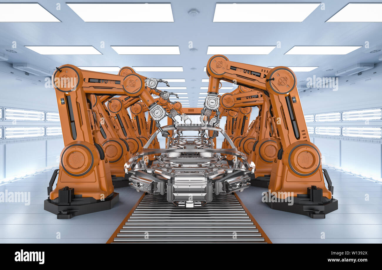 Automation aumobile factory concept with 3d rendering robot assembly ...