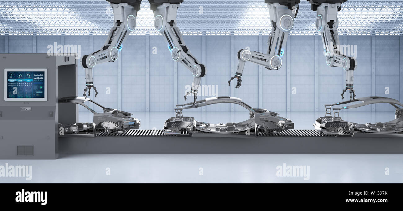 Automation aumobile factory concept with 3d rendering robot assembly ...