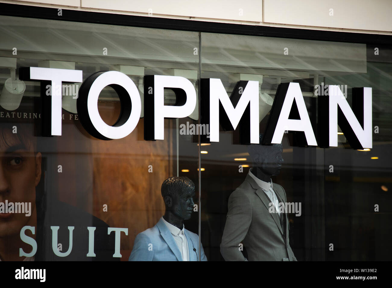 Topman mens high street fashion store sign and window display, part of ...