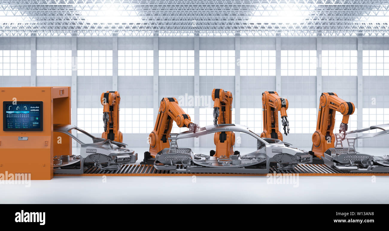 Automation aumobile factory concept with 3d rendering robot assembly ...
