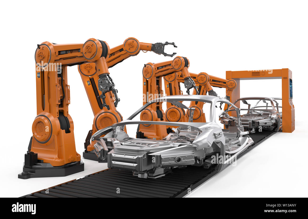 Automation aumobile factory concept with 3d rendering robot assembly ...