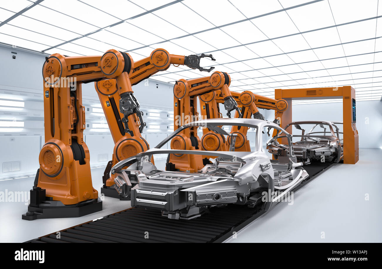 Automation aumobile factory concept with 3d rendering robot assembly ...