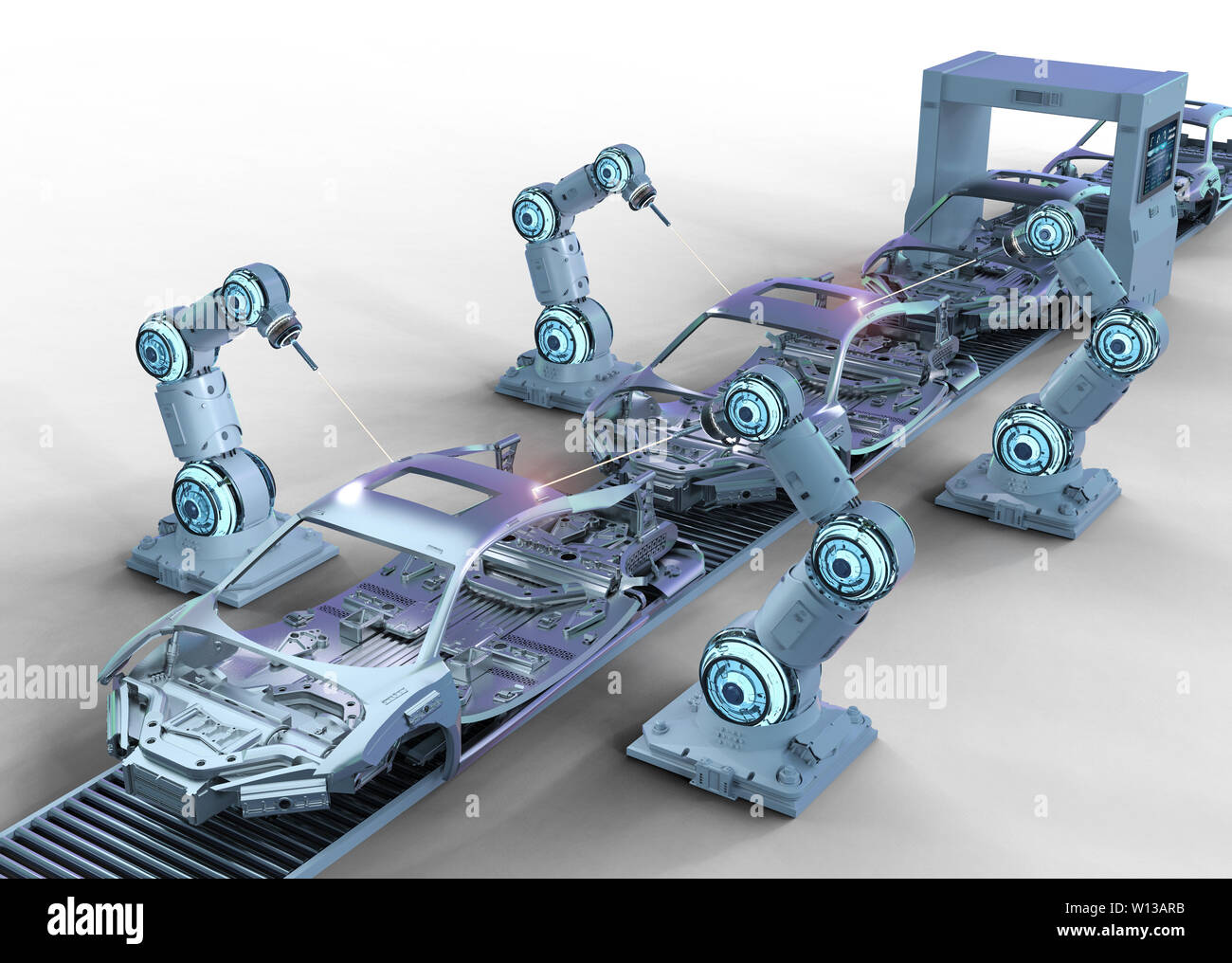 Automation aumobile factory concept with 3d rendering robot assembly ...