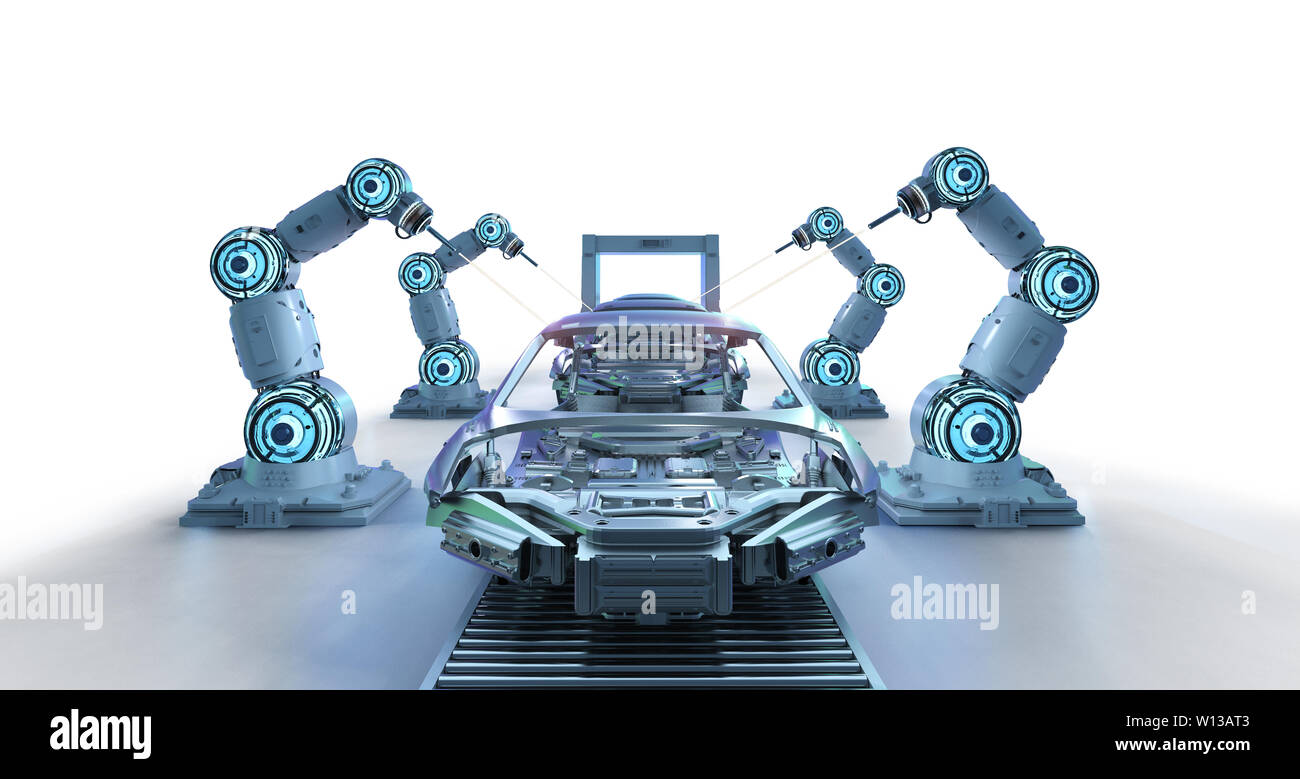 Automation aumobile factory concept with 3d rendering robot assembly ...