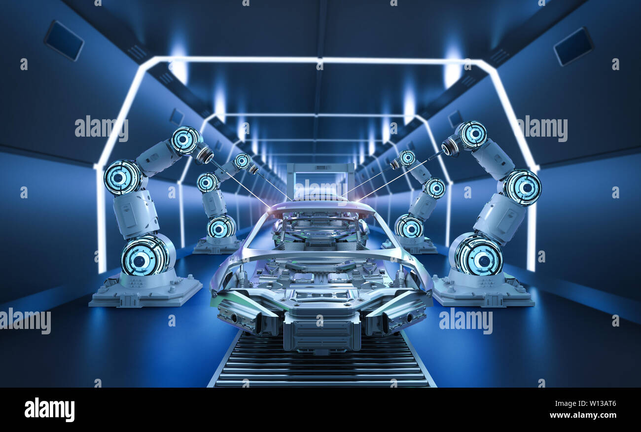 Automation aumobile factory concept with 3d rendering robot assembly ...