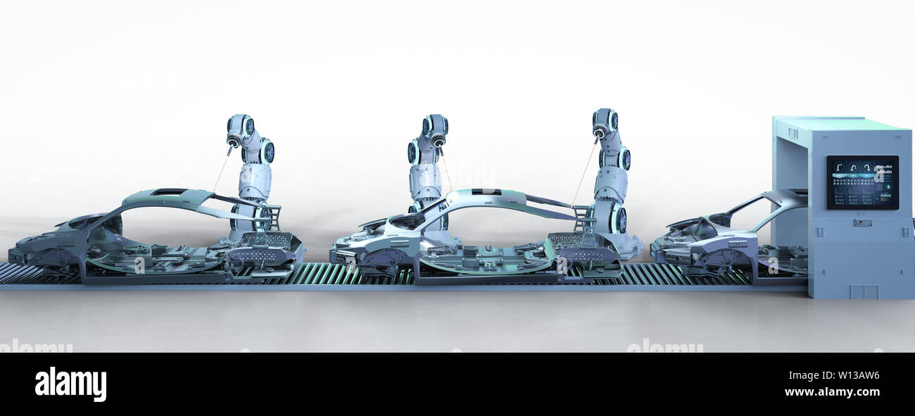 Automation Aumobile Factory Concept With 3d Rendering Robot Assembly Line In Car Factory Stock
