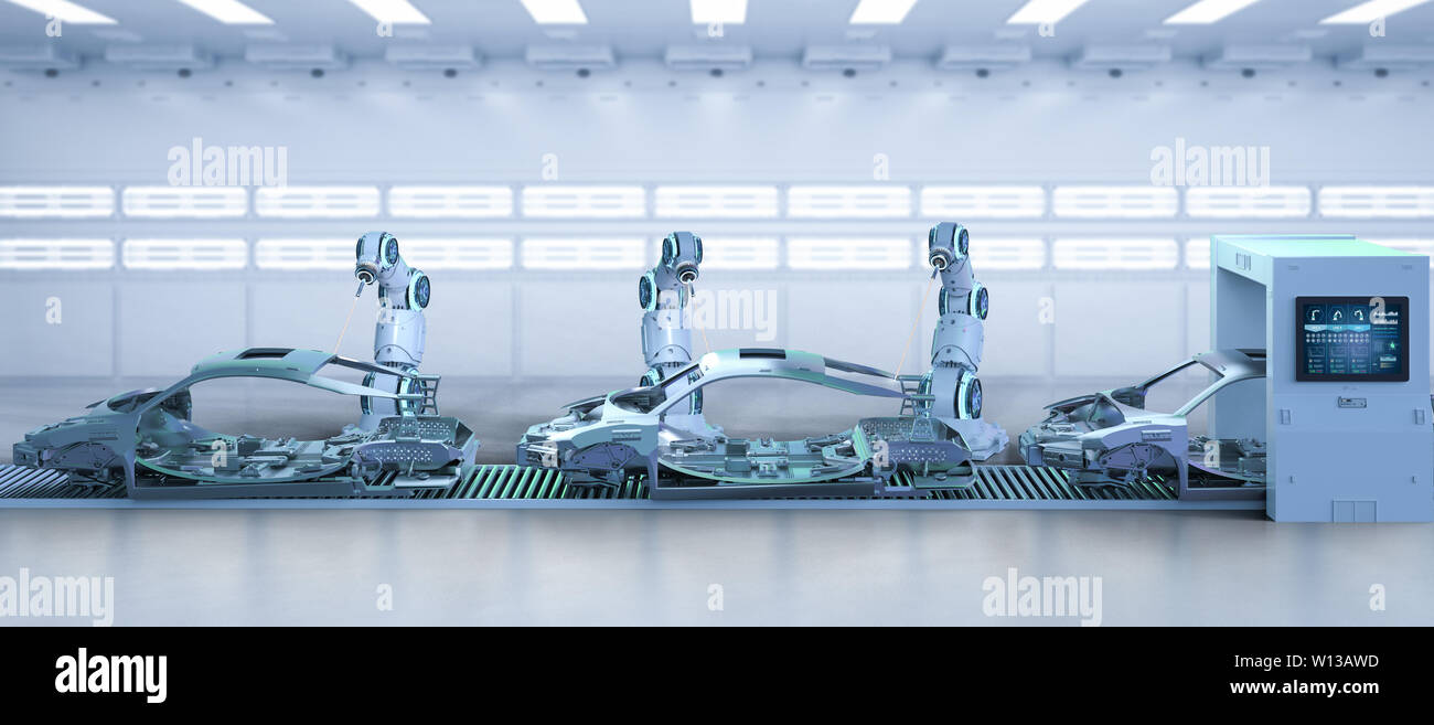 Automation Aumobile Factory Concept With 3d Rendering Robot Assembly Line In Car Factory Stock