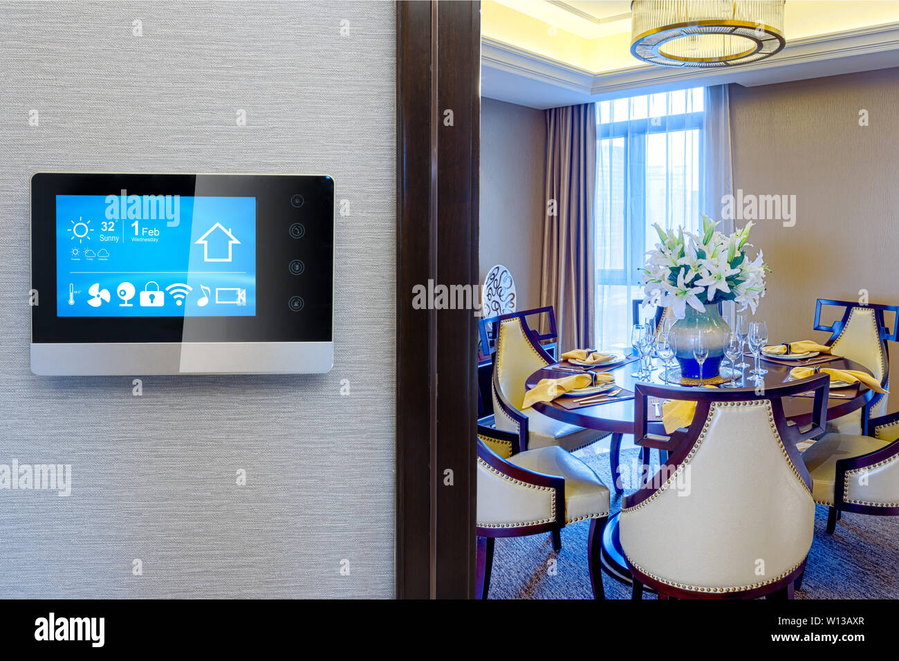 smart screen with smart home with modern dining room Stock Photo - Alamy