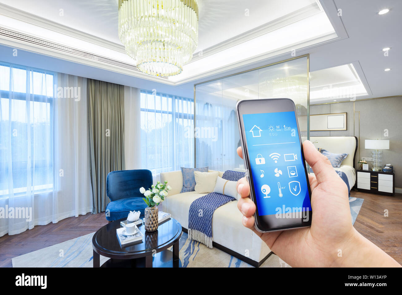 smart phone with smart home with modern living room Stock Photo - Alamy