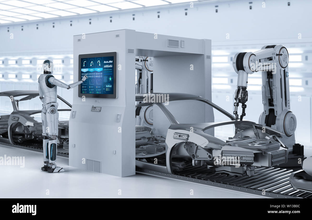 Automation aumobile factory concept with 3d rendering robot assembly ...