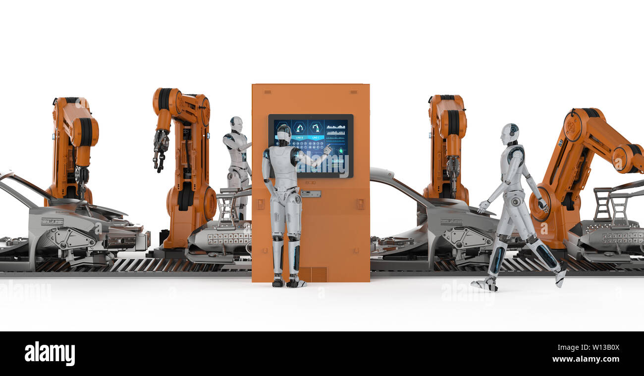 Automation aumobile factory concept with 3d rendering robot assembly ...