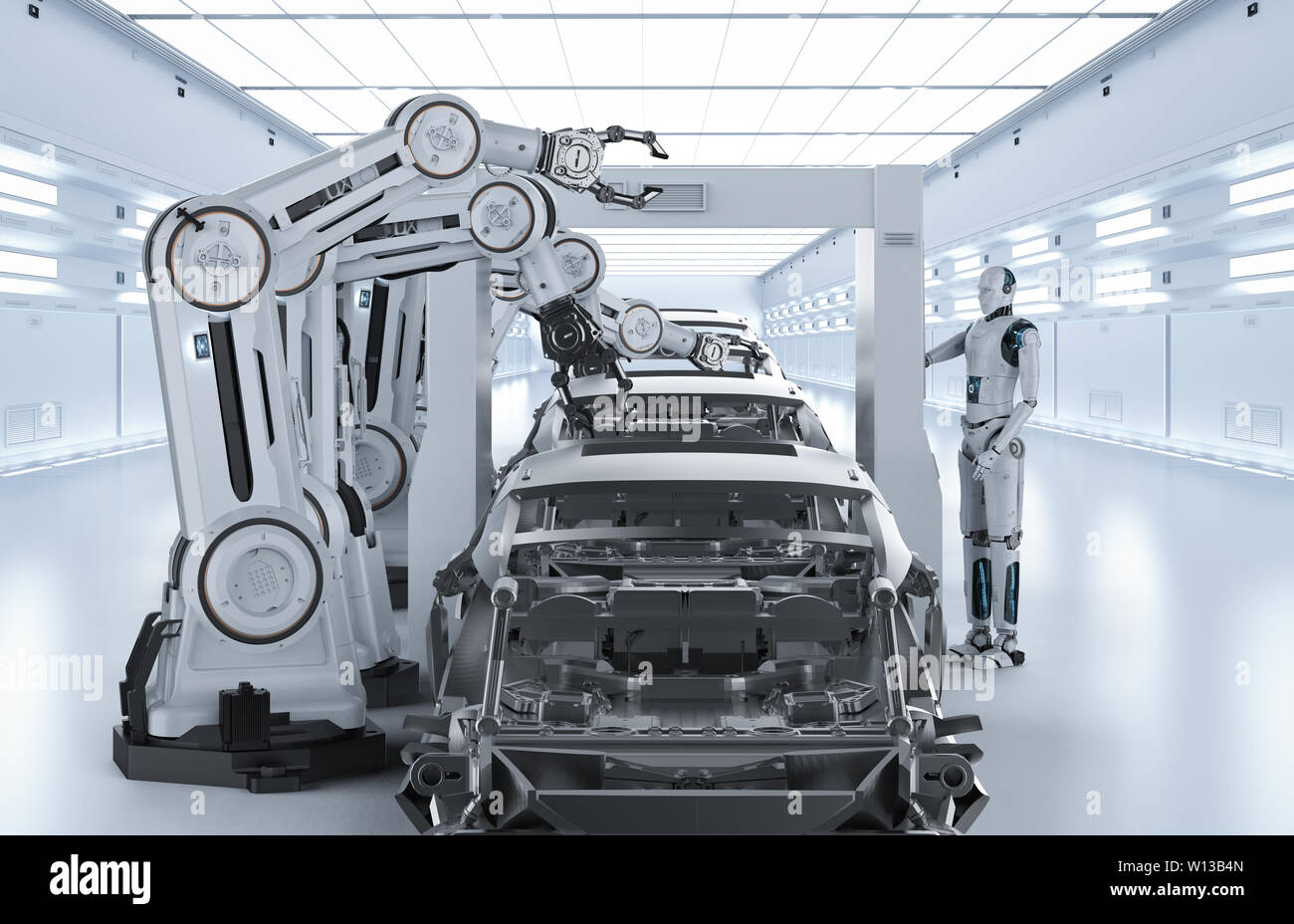 Automation aumobile factory concept with 3d rendering robot assembly ...