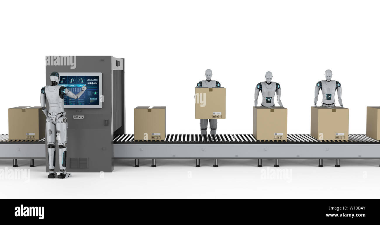 Automation factory concept with 3d rendering robot with boxes on ...