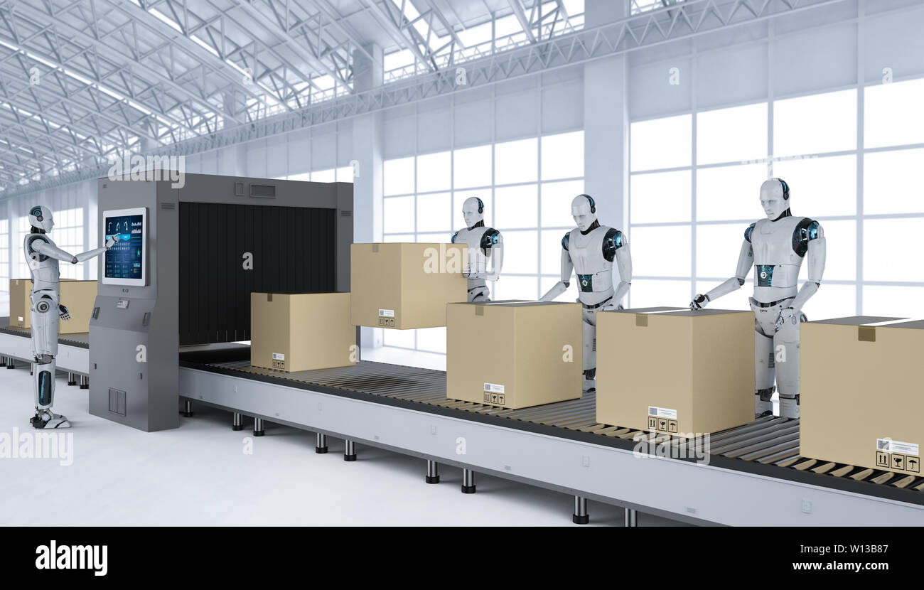 Automation factory concept with 3d rendering robot with boxes on ...