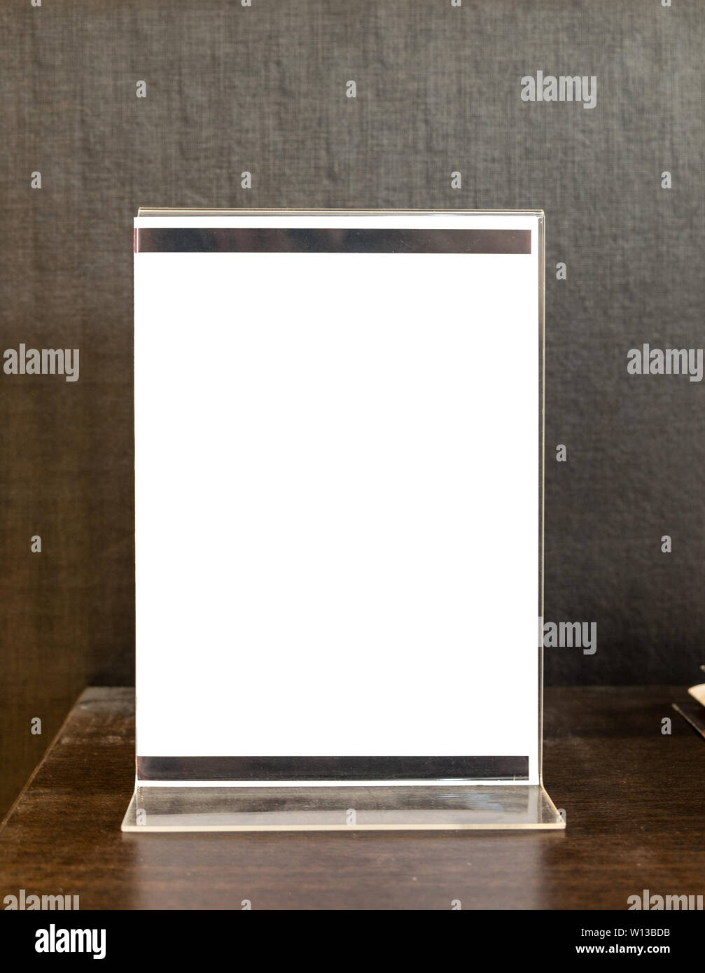 Signs label acrylic white blank on wood table Stock Photo - Alamy