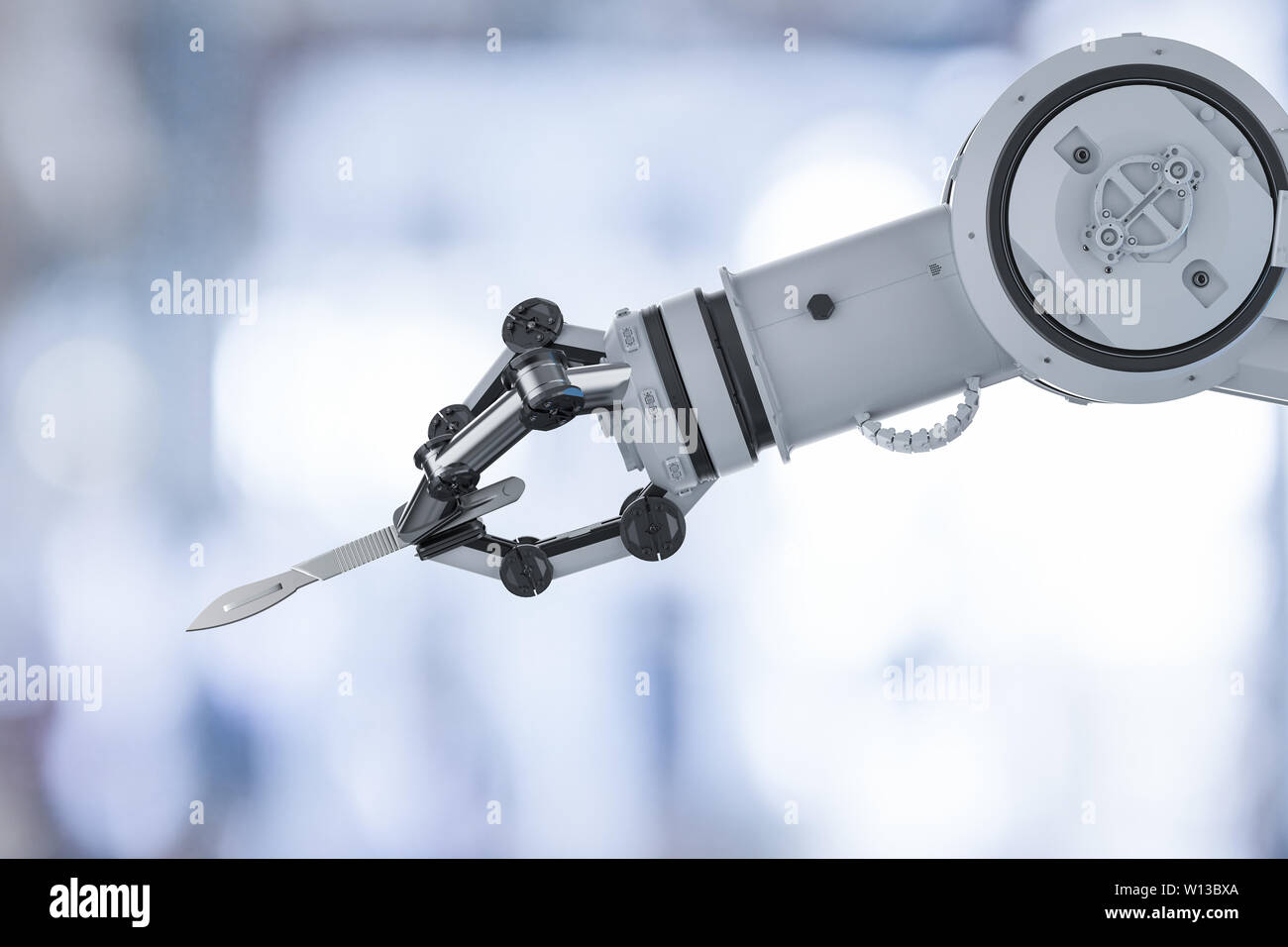 Medical technology concept with 3d rendering robot hand holding scalpel ...