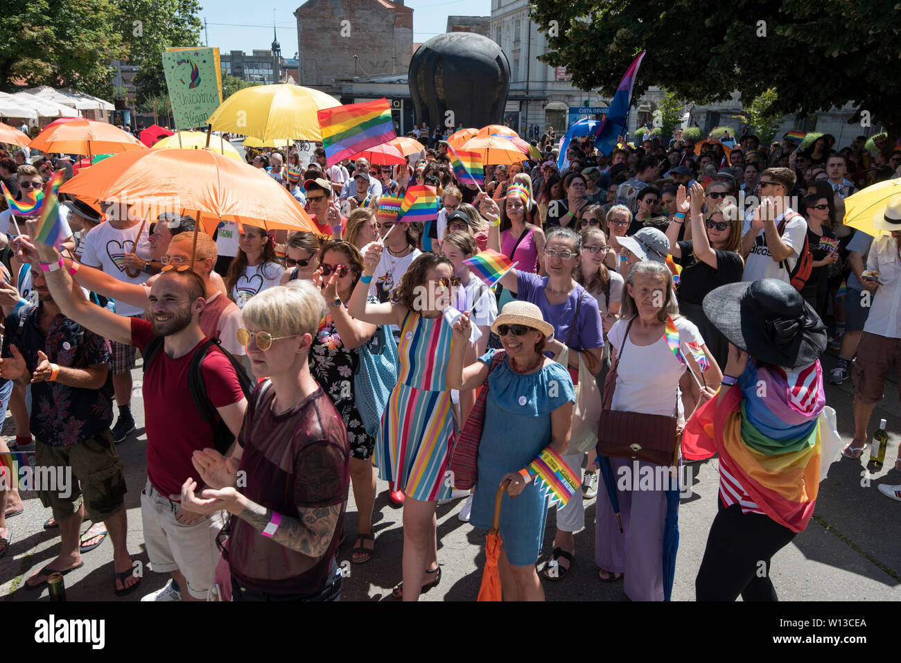 Maribor, Slovenia. 29th June, 2019. People holds placards and rainbow ...