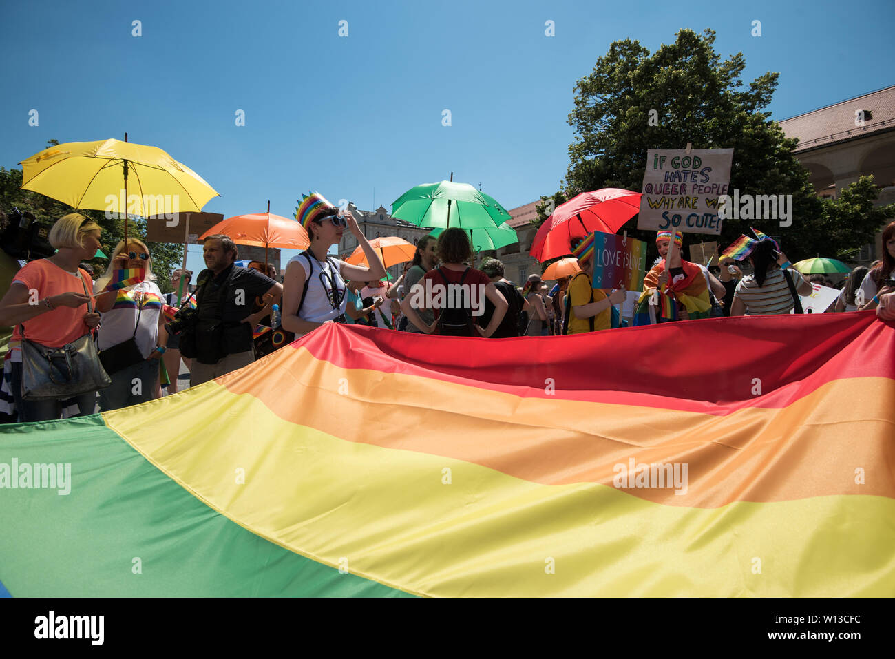 Maribor, Slovenia. 29th June, 2019. Participants are holding a rainbow ...