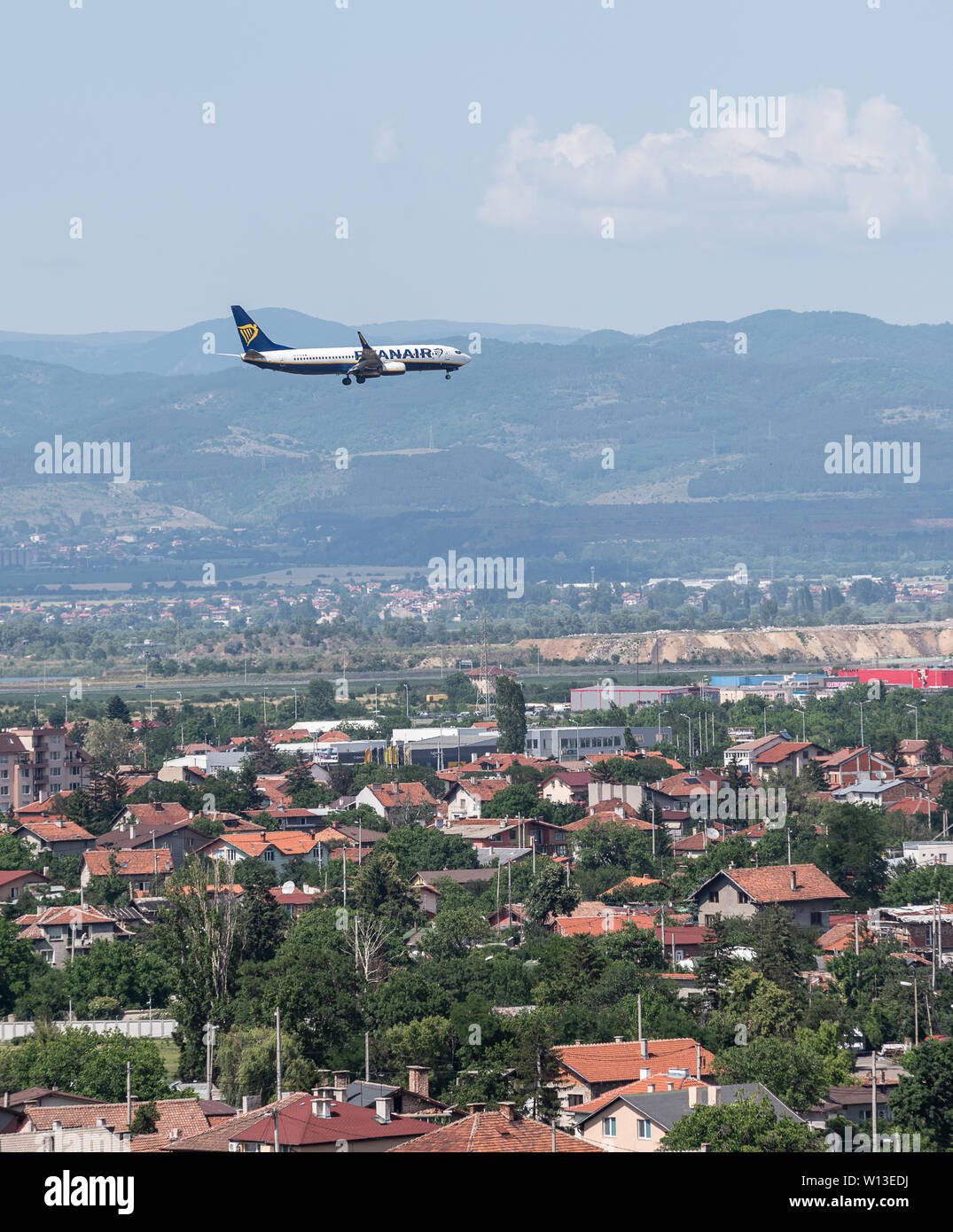 RyanAir Aircraft landing on Sofia International Airport, Sofia City, Airplane Landing, SOF Stock ...