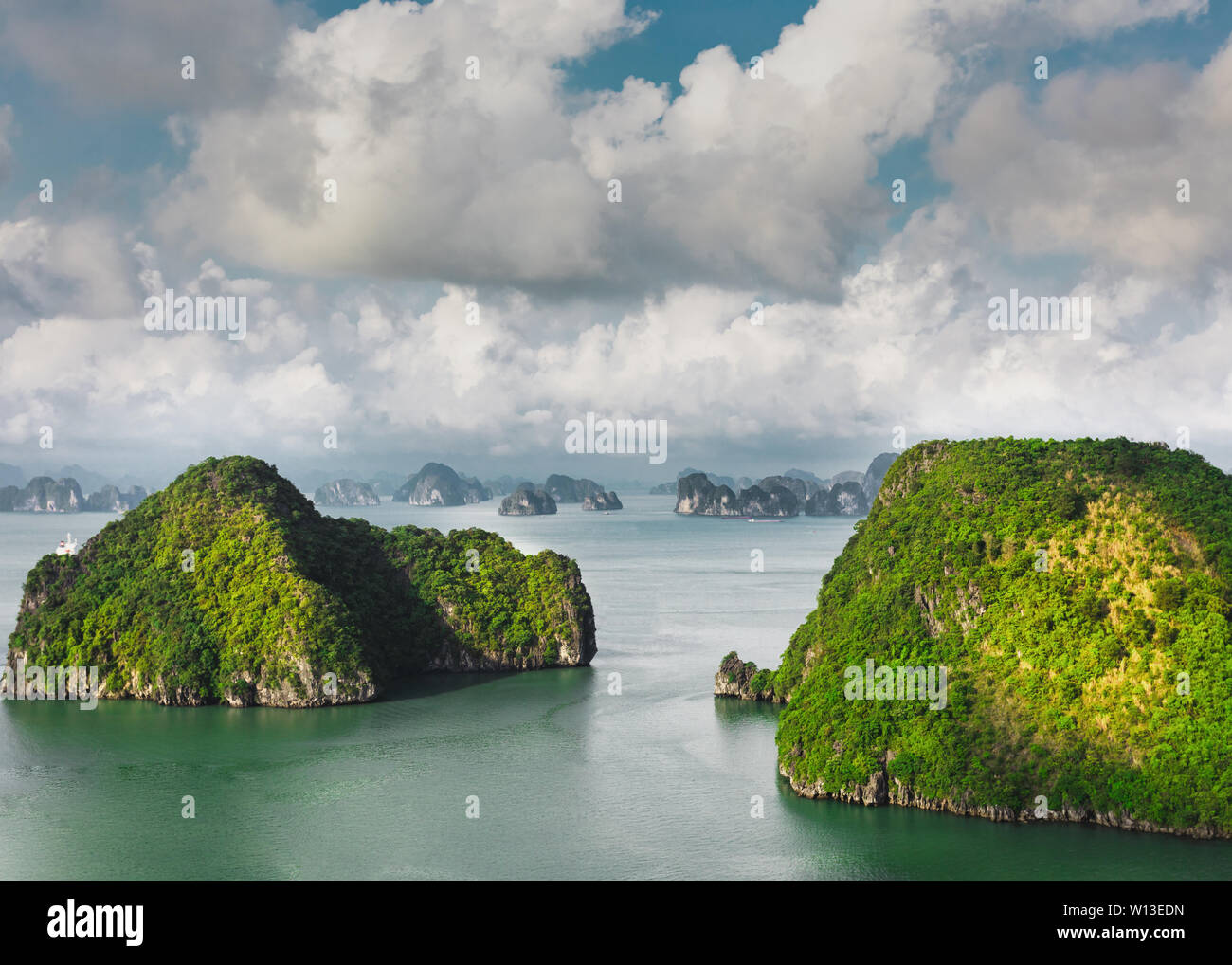 Ha long bay panorama view. Island and Rocks in the sea with ships ...