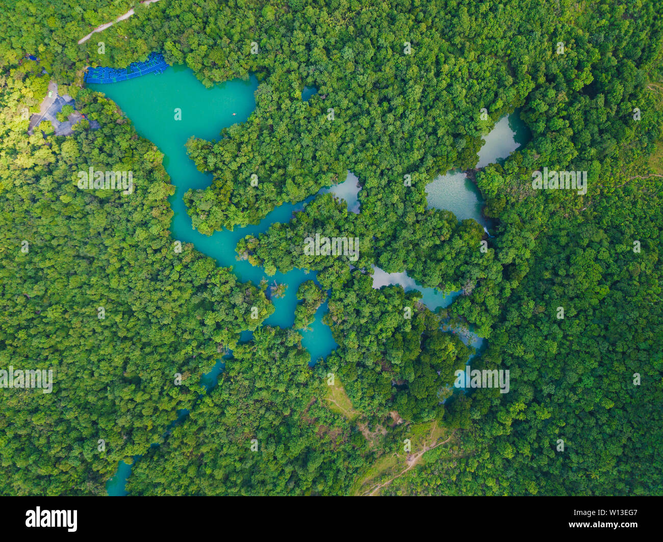 Aerial photo of karst landform, water forest and highway farmland ...