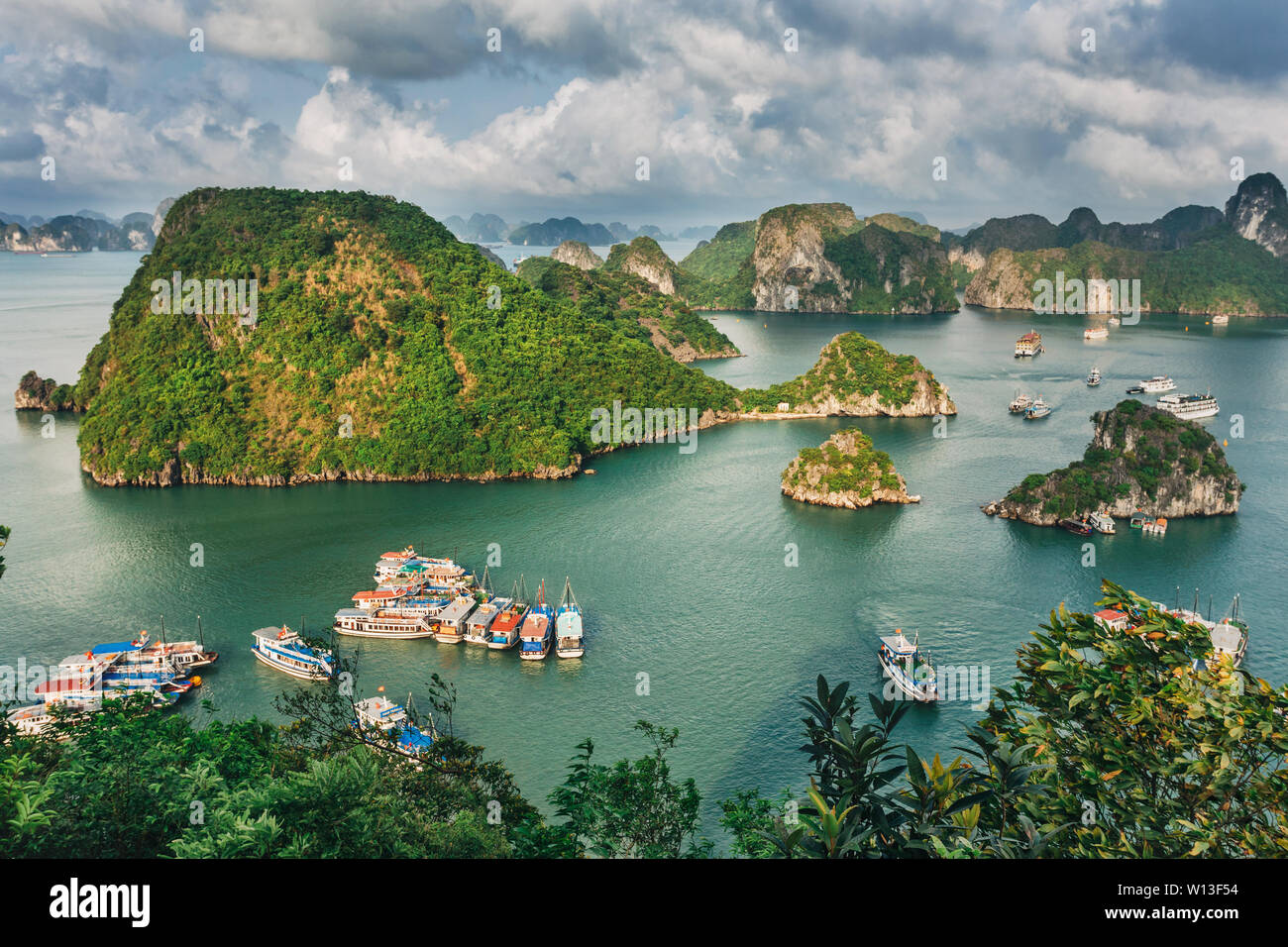 Ha long bay panorama view. Island and Rocks in the sea with ships ...