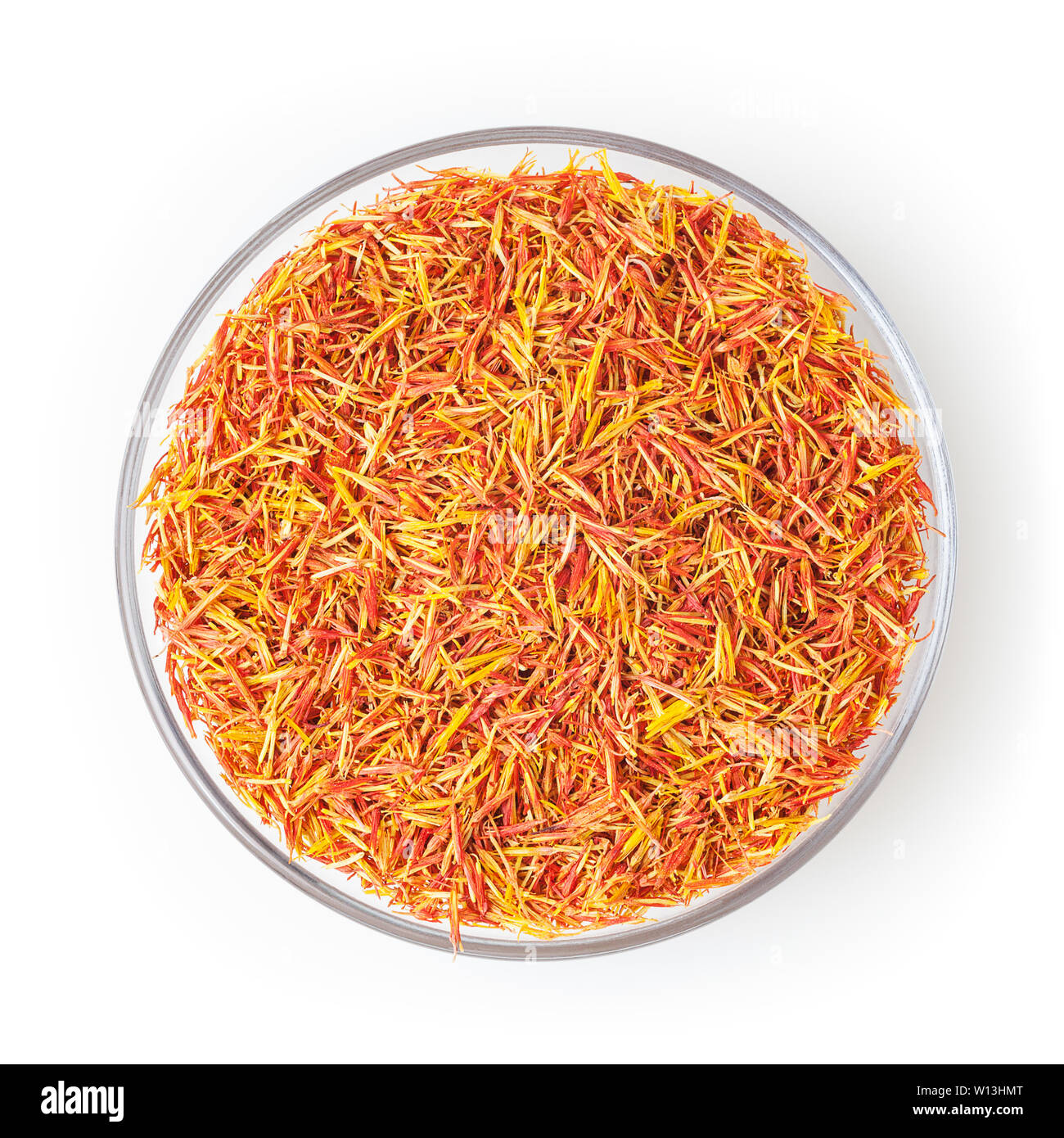 Dried saffron in glass bowl isolated on white background with clipping ...
