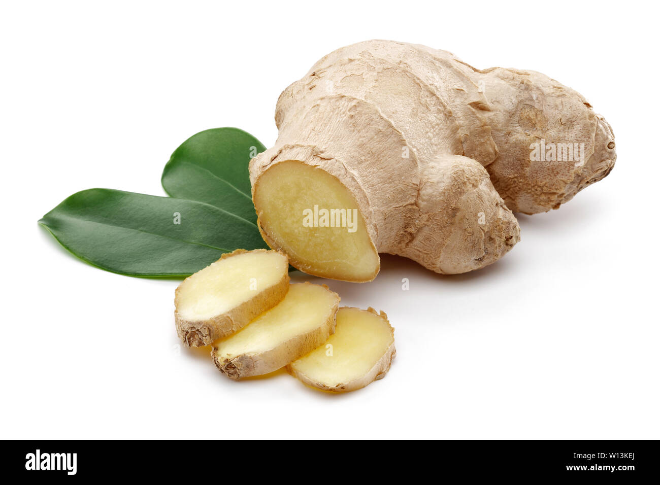 Ginger root with slices and leaves isolated on white background Stock ...