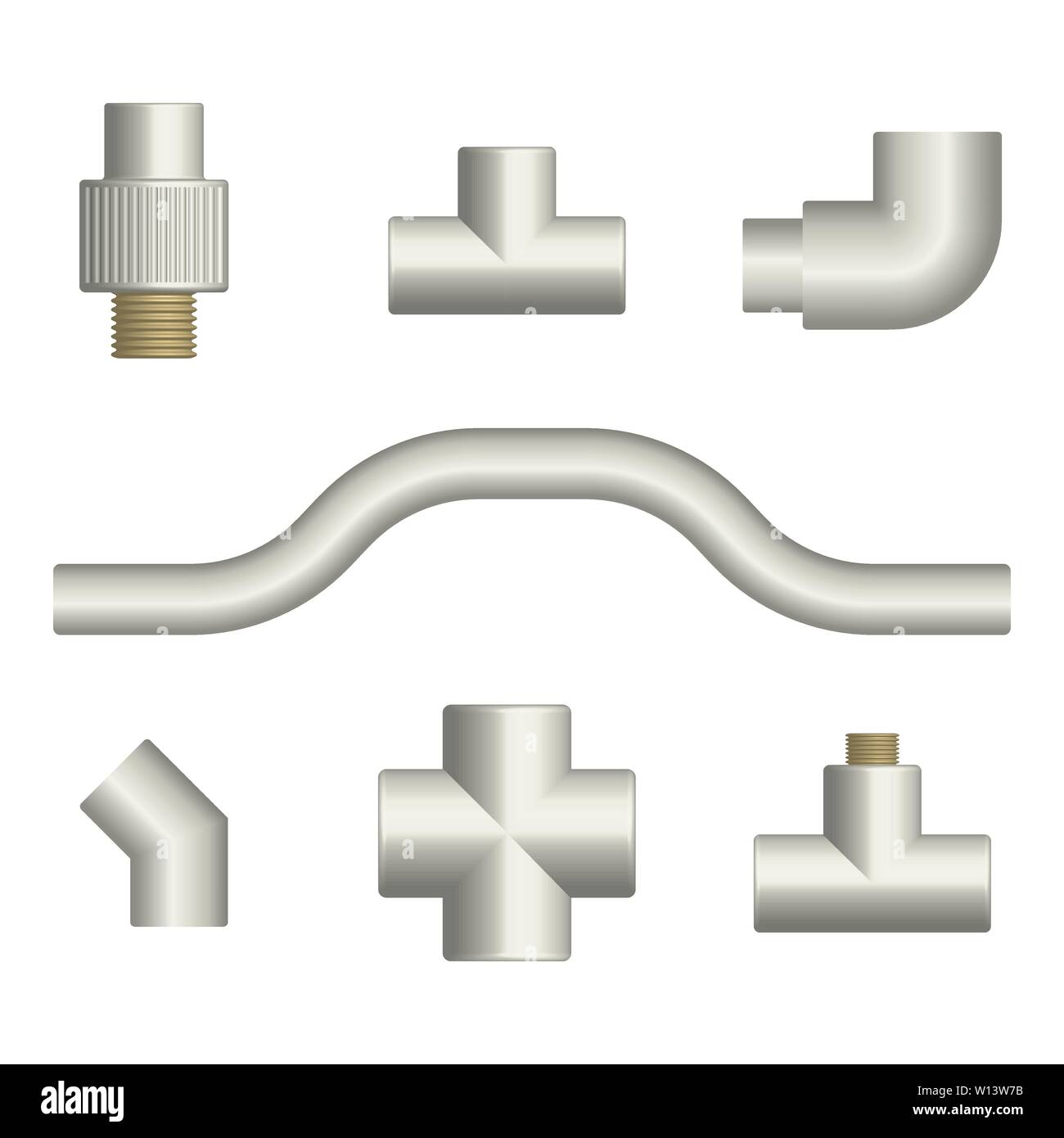 Set of various fittings and connections for plastic pipes, isolated on ...