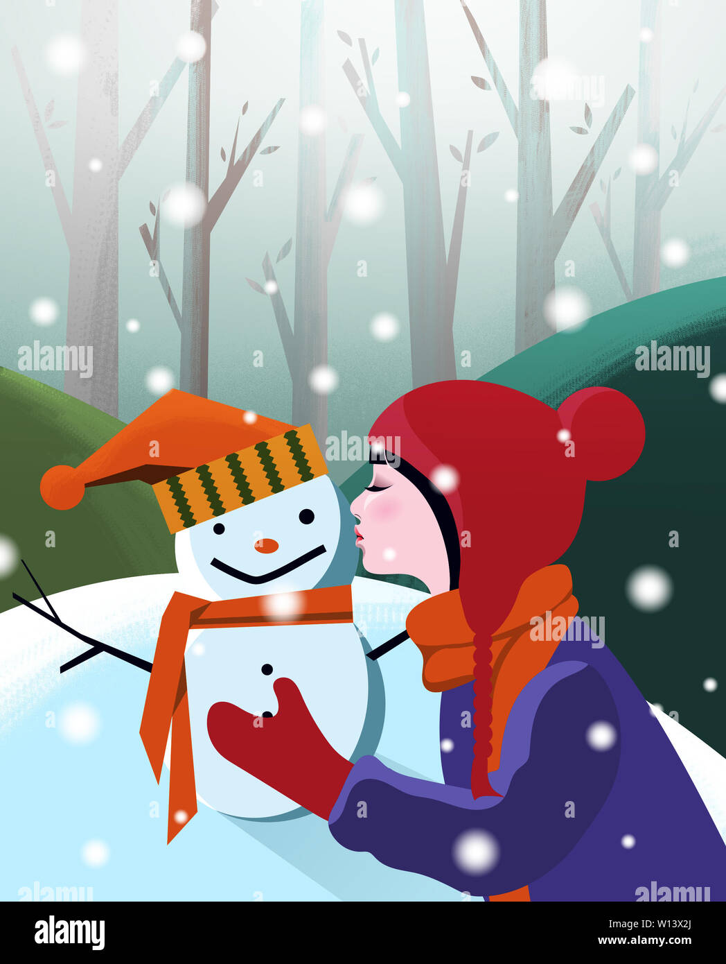 Original illustration, the girl in the snow kisses the snowman Stock ...