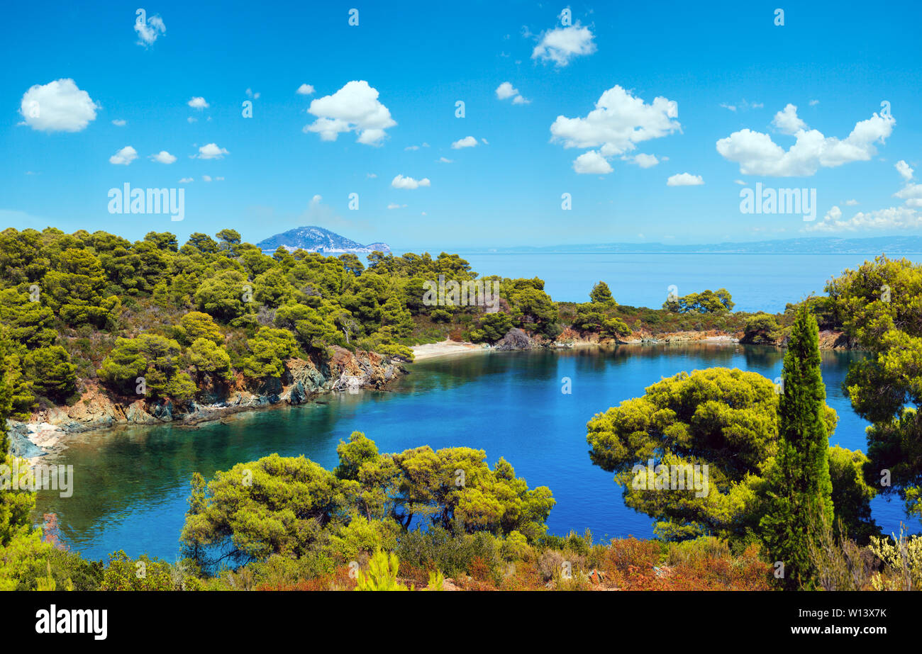Morning summer Aegean Sea with pine trees on shore, small beaches and ...