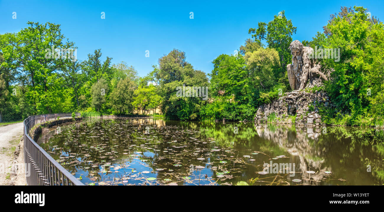 The majestic big statue of Colosso dell Appennino giant statue and pond ...