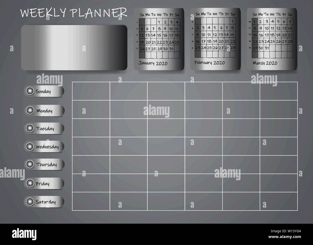 Calendar for first quarter of 2020 year with weekly planner chart and ...