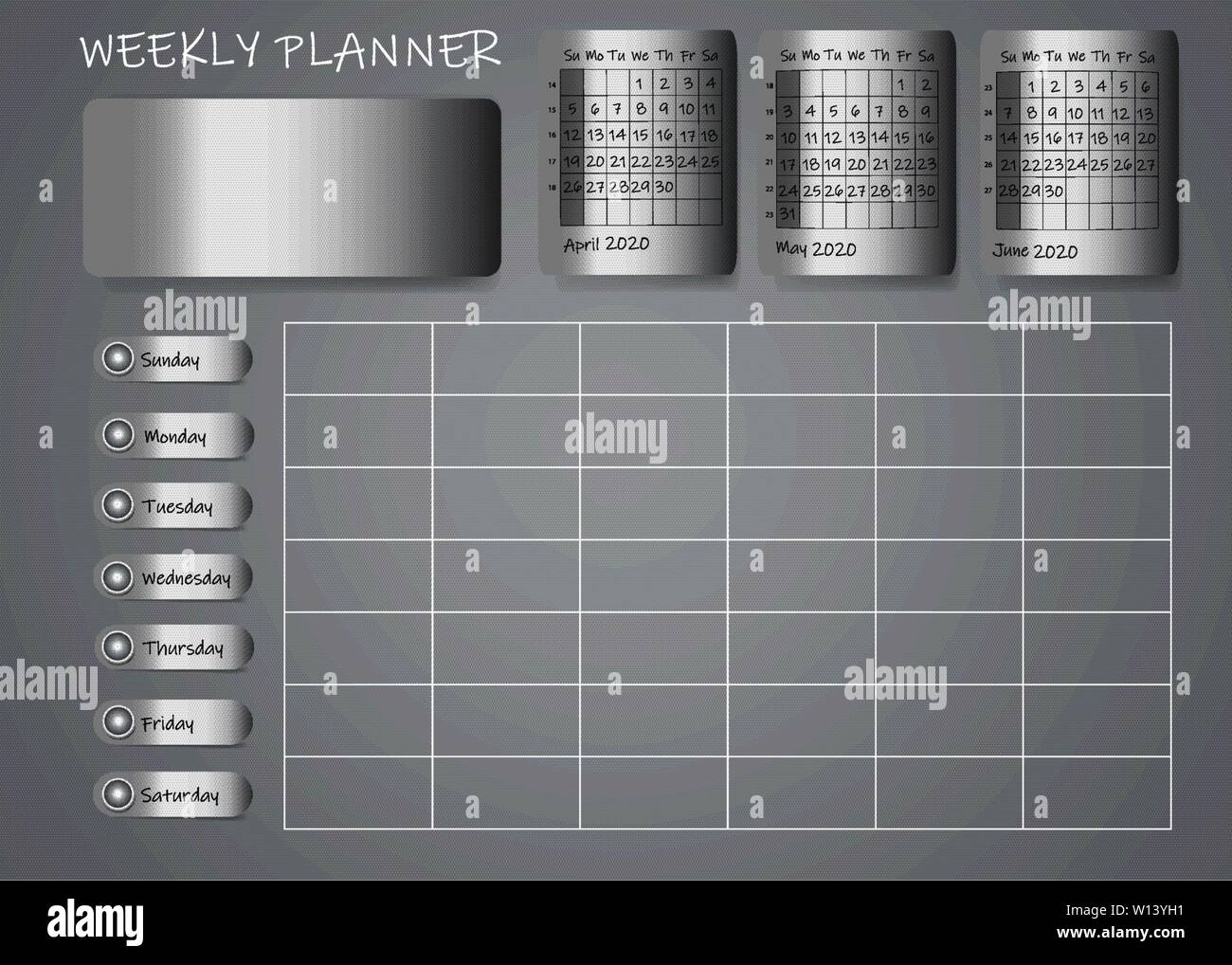Calendar for second quarter of 2020 year with weekly planner chart and ...