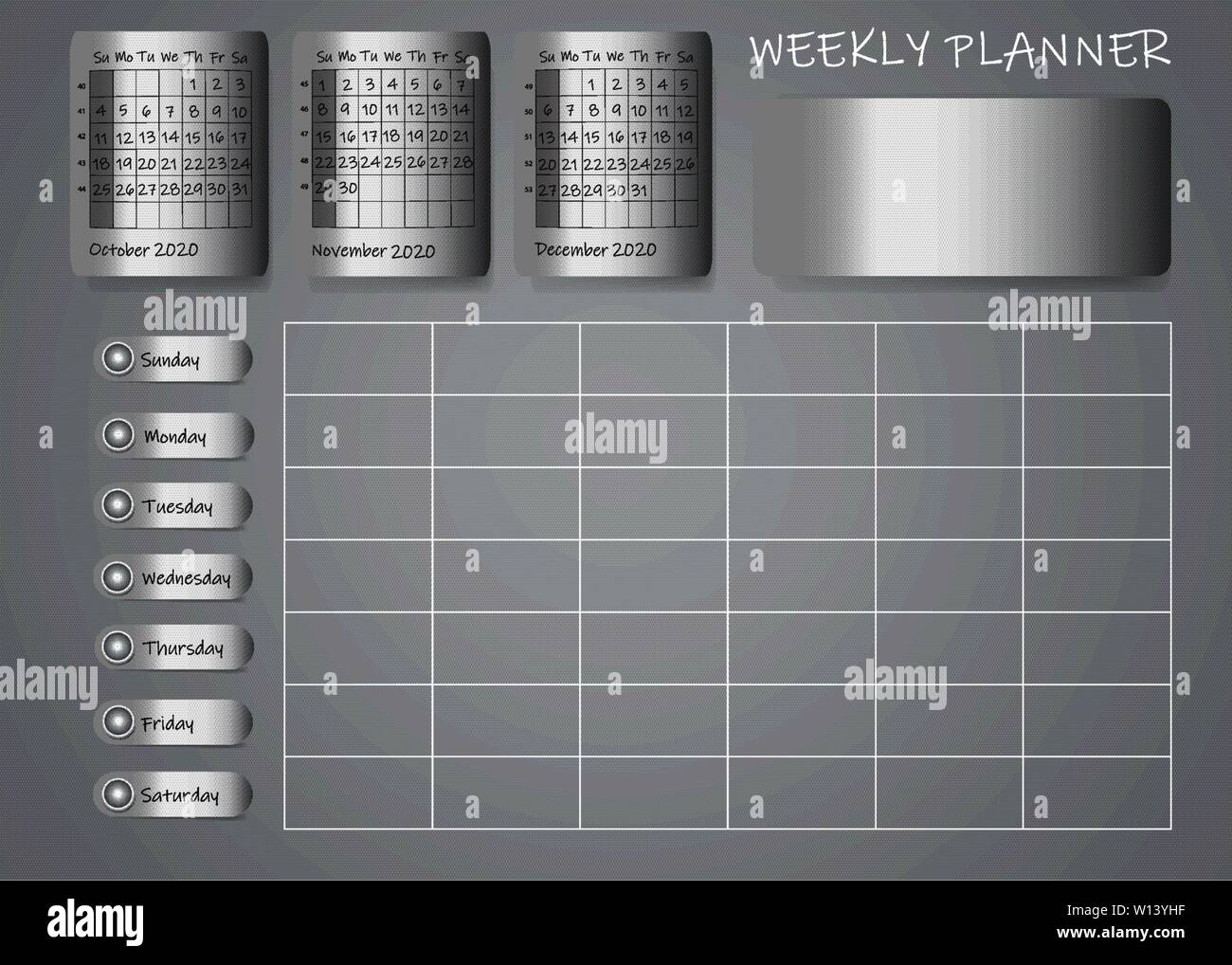 Calendar for fourth quarter of 2020 year with weekly planner chart and ...