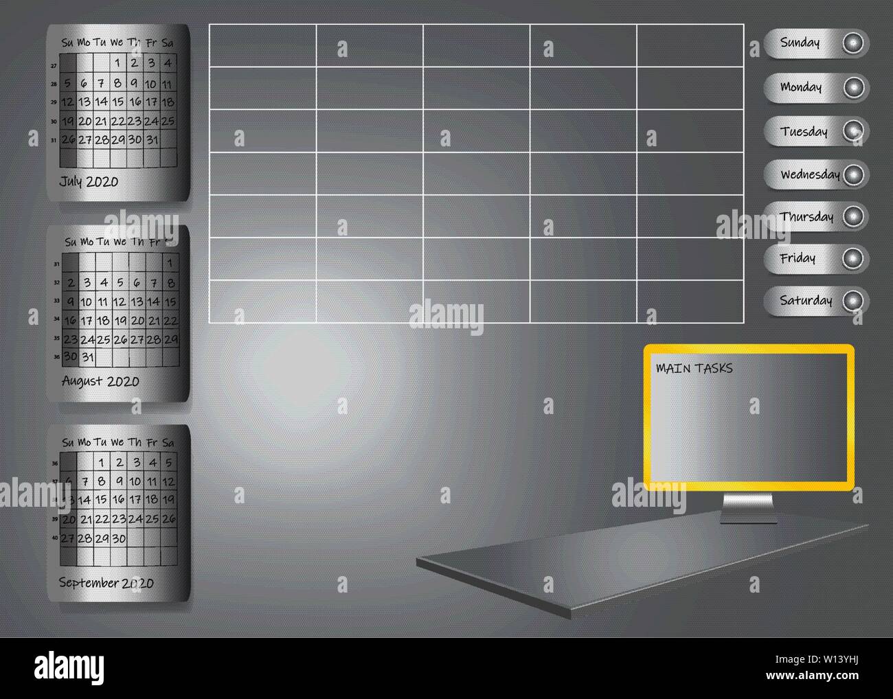 Weekly planner for third quarter of 2020 year on metallic sheets with ...