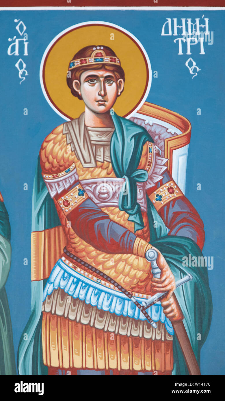 Saint Dimitrios frescoe Christian Orthodox church interior man ...