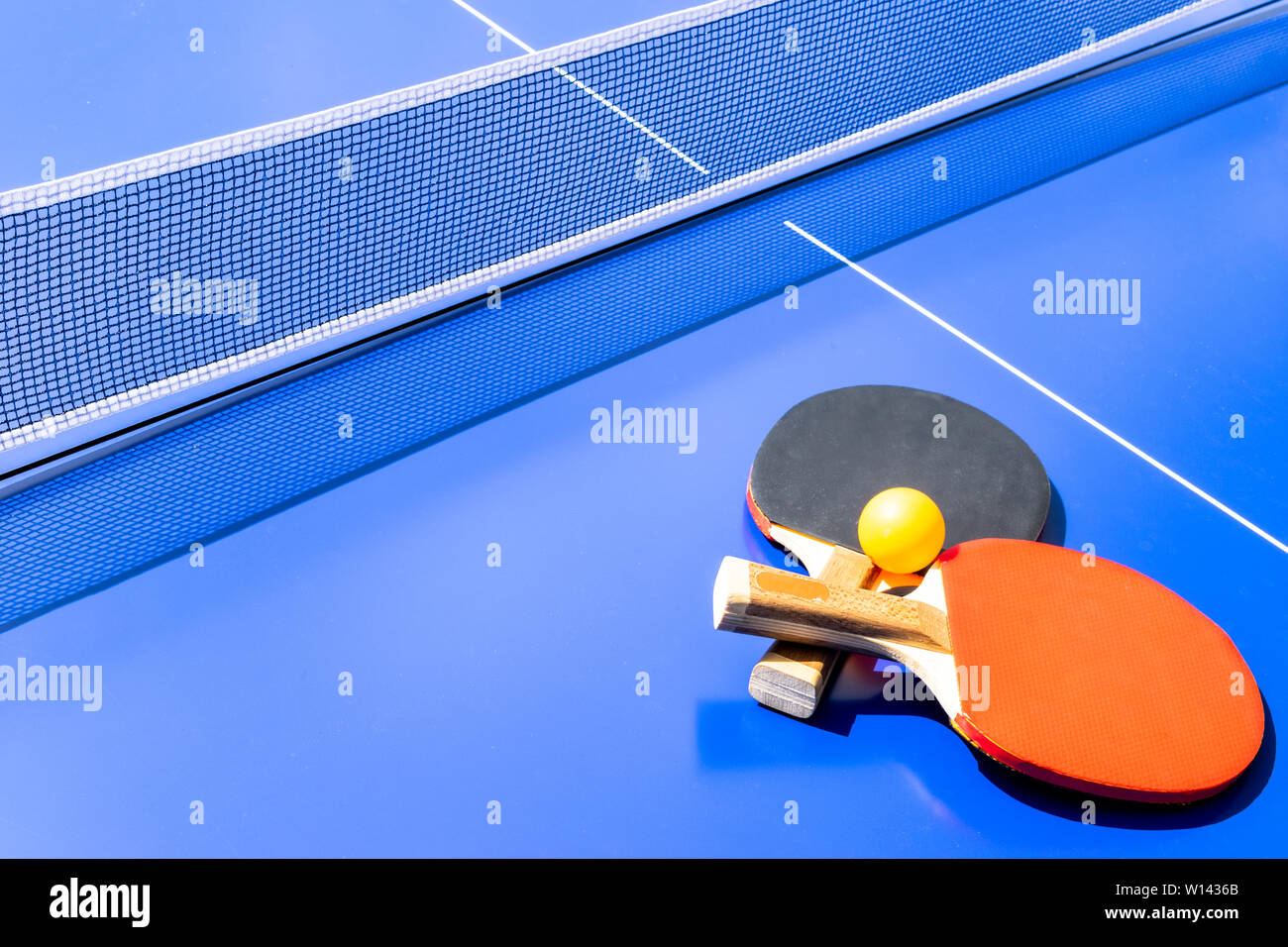 Blue table tennis or ping pong. Close-up ping-pong net. Close up ping ...