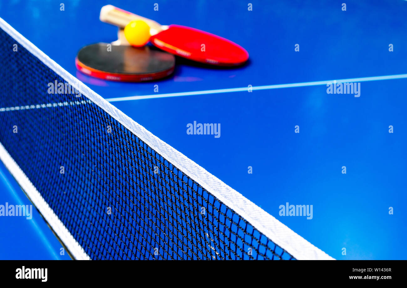Blue table tennis or ping pong. Close-up ping-pong net. Close up ping ...