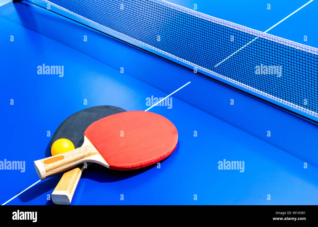 Blue table tennis or ping pong. Close-up ping-pong net. Close up ping ...