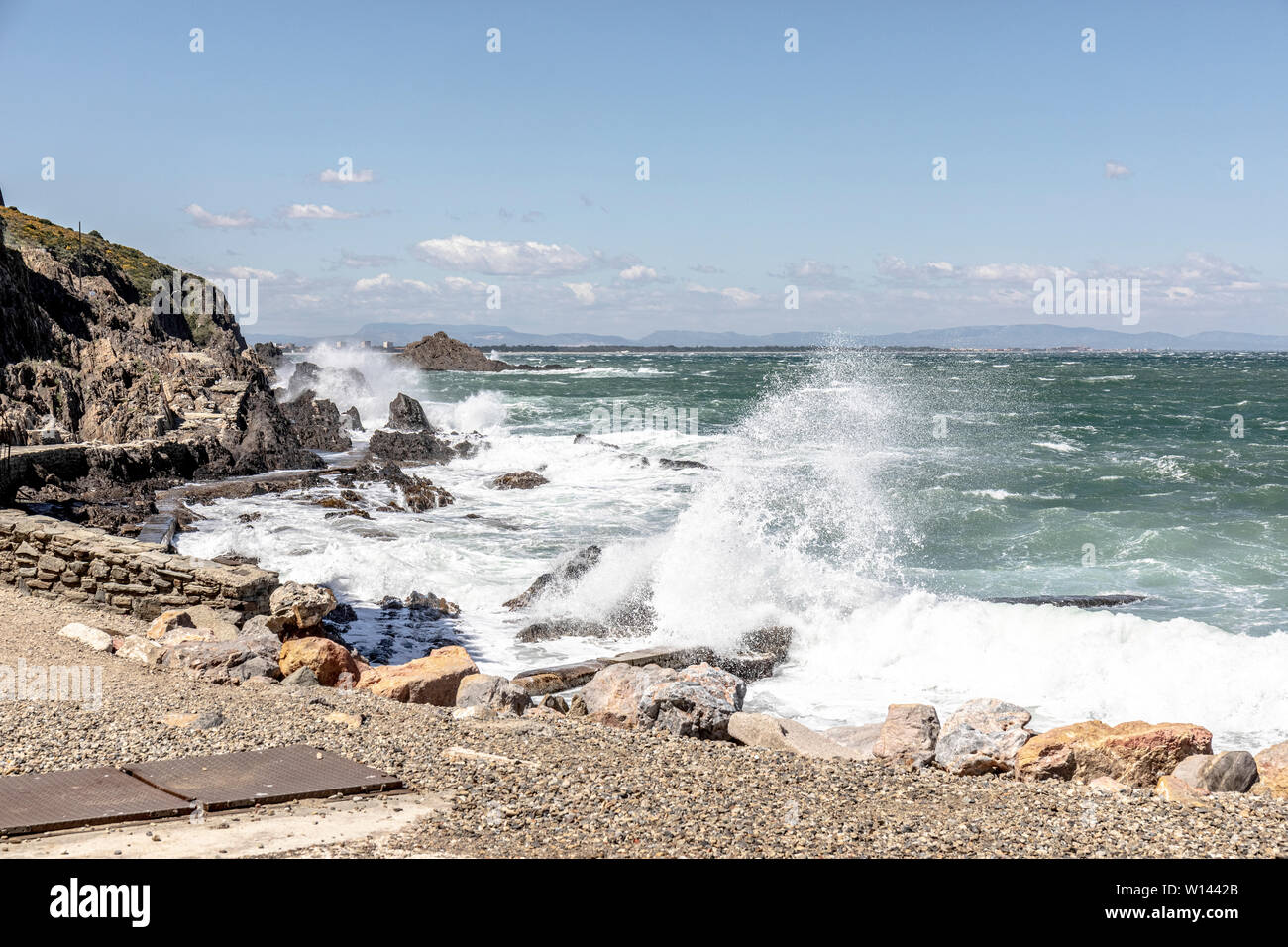 Storm, wind and waves hit the harbour defences at Collioure, southern ...