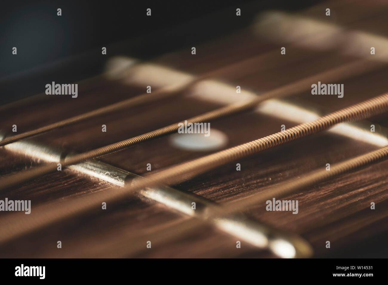 Macro close up shot of acoustic guitar strings on sun shine. Music and ...